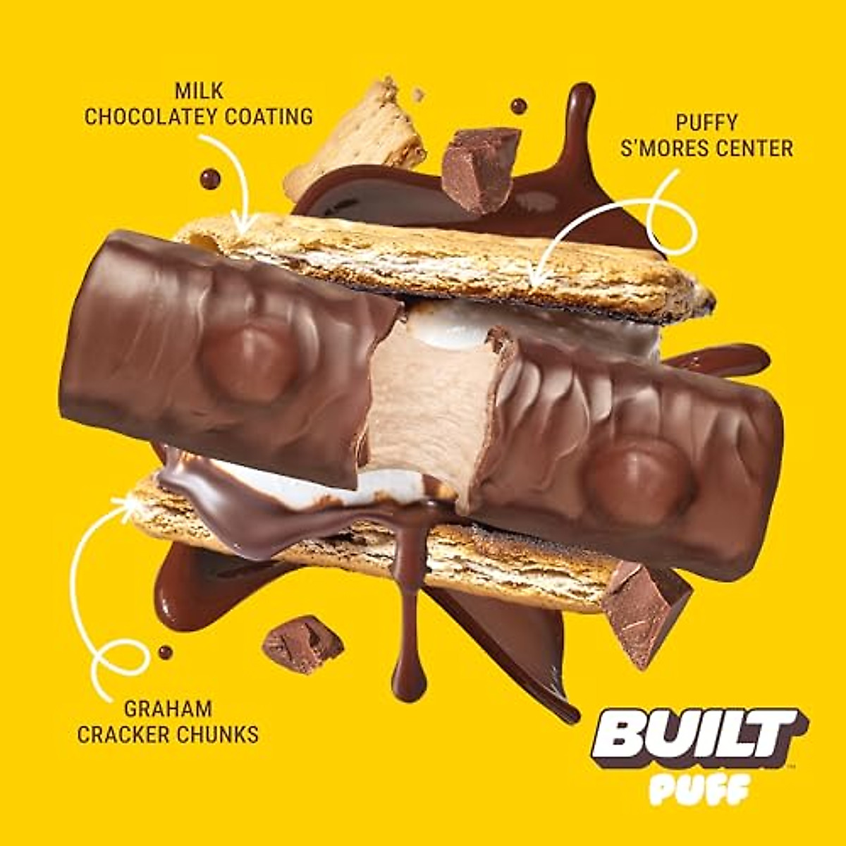Built Bar, Puff Protein Bars, S'mores Chunk Puff, 15g Protein Snacks, On-The-Go Bars, Only 160 Calories, 9g Sugar, Collagen, Not Gluten Free, 12 Count