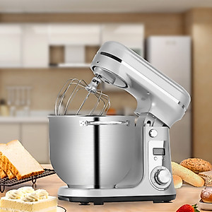 Biolomix Kitchen Electric Stand Mixer, 6-Speed Tilt-Head Food Mixer with 6.5-QT Stainless Steel Bowl, Dough Hook, Flat Beater, Whisk and Anti-Splash Cover (6.5-QT, Light Silver