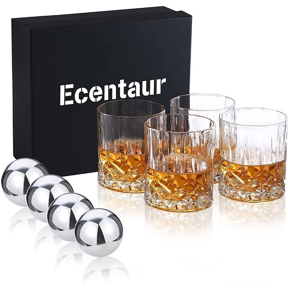 Whiskey Stones Gift Set Old Fashioned Whiskey Glasses Set of 4 with Stainless Steel Ice Cube