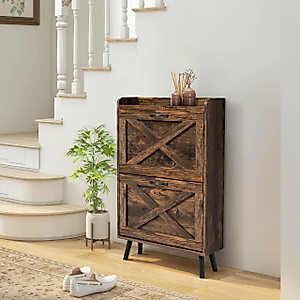 Incbruce Shoe Storage Cabinet with 2 Flip Drawers, Freestanding Ultra-Thin Shoe Cabinet with Wooden Legs for Entryway, Hallway, Bedroom (Brown - Small)