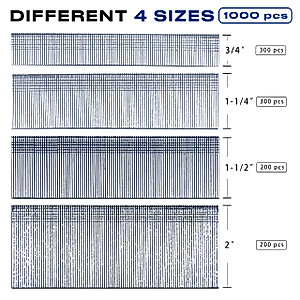 SimCos 18 Gauge Brad Nails 4 Sizes (2",1-1/2",1-1/4",3/4") Galvanized 18 GA Nail Gun Nails Assorted and Small Finishing Nails for Pneumatic, Electric Brad Nailer (Assembly 1000)