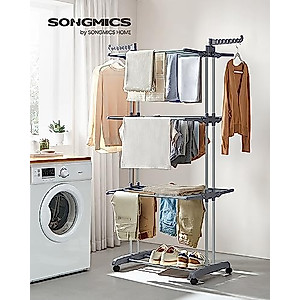 SONGMICS Clothes Drying Rack Stand 4-Tier, Foldable Laundry Drying Rack 67.7-Inch Tall, Stainless Steel, Rolling Clothes Horses Dryer Rack, Easy to Assemble, Indoor Outdoor Use, Gray ULLR701G01