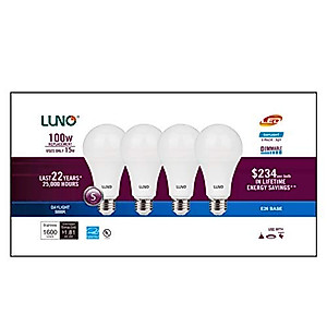 LUNO A21 Dimmable LED Bulb, 15W (100W Equivalent), 1600 Lumens, 5000K (Daylight), Medium Base (E26), UL & Energy Star (4-Pack)