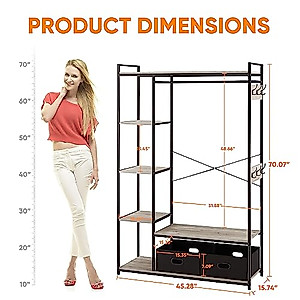 FreeStanding Clothing Rack Heavy Duty Closet Organizer with Shelves, 2 Fabric Drawers and 6 Hooks Clothes Wardrobe Closet Storage Rack,GREY