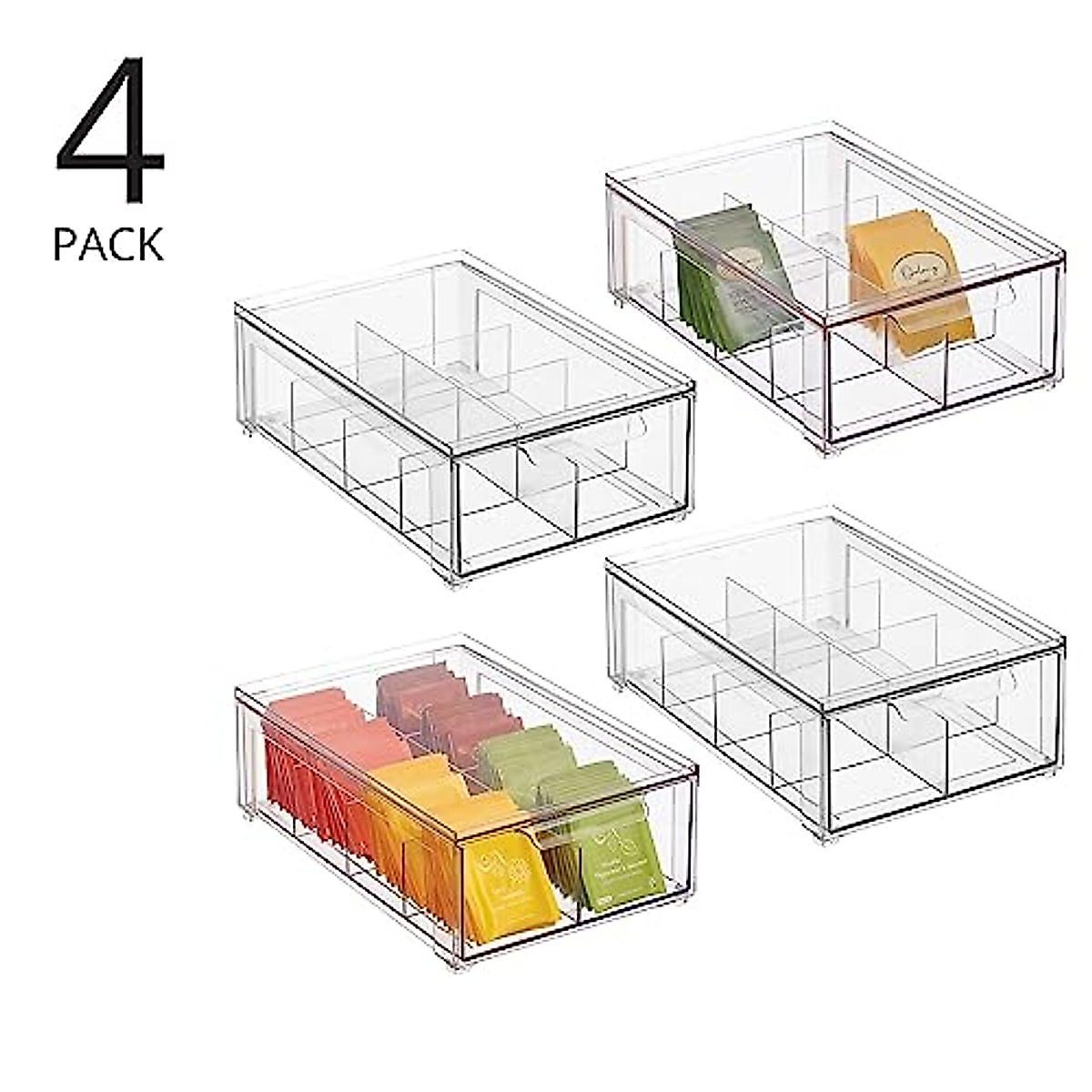 mDesign Plastic Kitchen and Pantry Organizer with Divided Drawer - Stackable Bin with 8 Sections for Tea and Snack Food - Perfect for Organizing Cabinet, Fridge - Lumiere Collection - 4 Pack - Clear