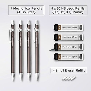 MozArt Mechanical Pencil Set with Case - 4 Sizes: 0.3, 0.5, 0.7 & 0.9mm with 30 HB Lead Refills Each & 4 Eraser Refills - Sketching, Architecture, Drawing Mechanical Pencils, Metal Mechanical Pencil
