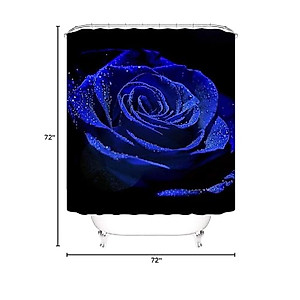 Camille&Andrew 4PCS/Set Dewy Royal Blue Rose Shower Curtain, Elegant Floral Romantic Flower Women Bathroom Decor, Waterproof Fabric Shower Curtain, Non-Slip Bath Rugs Toilet Carpet Bathroom Mat, Blue