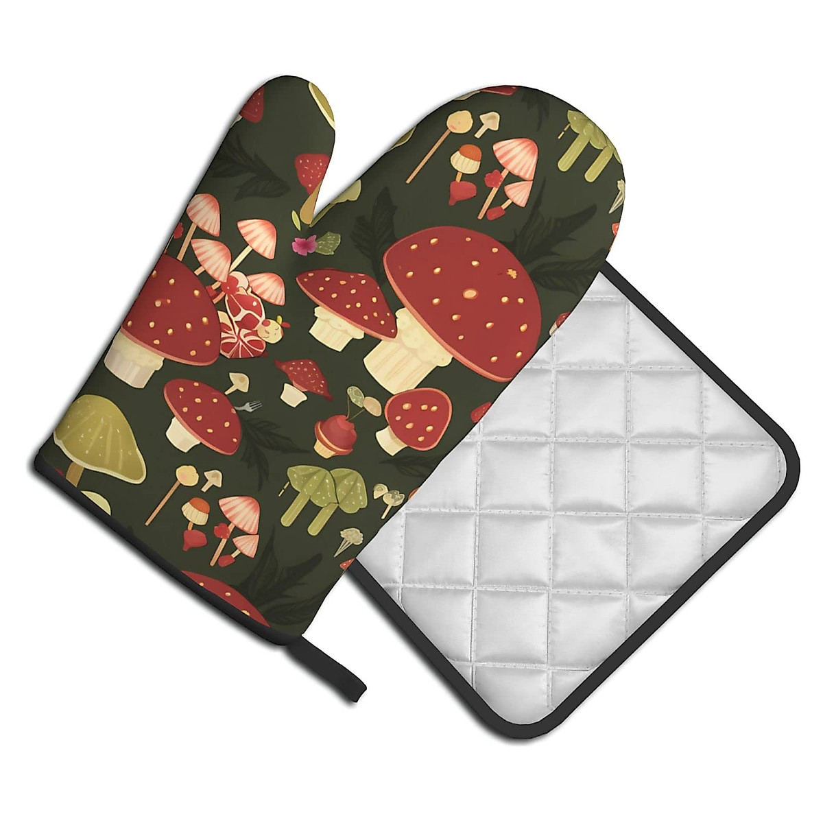Vintage Mushroom Oven Mitts and Pot Holders Sets of 2, Non-Slip Cooking Hot Pads Washable Heat Resistant for Kitchen Microwave BBQ Baking Grilling