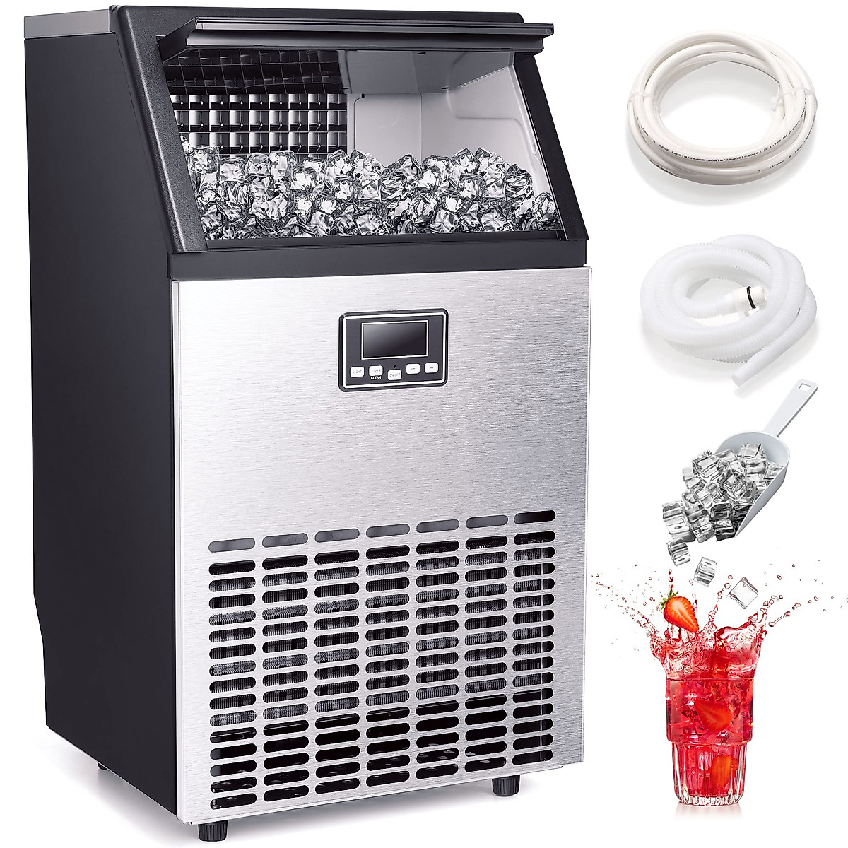 Xbeauty Commercial Ice Maker, Self-Cleaning Ice Machine 100LBS/24H, Stainless Steel Freestanding Ice Maker Machine with 33LBS Bin,Include Scoop