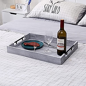 LONGNENG Wood Serving Tray Rectangle Gray Tray with Handles,Decorative Trays,Rustic Ottoman Tray for Living Room with Two Iron Handles