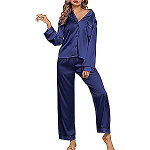 DUWMCON Button Up Pajama Set for Women Silk Satin Long Sleeve Top and Pajama Pants Sleepwear Soft Pjs Lounge Sets Navy Blue XL