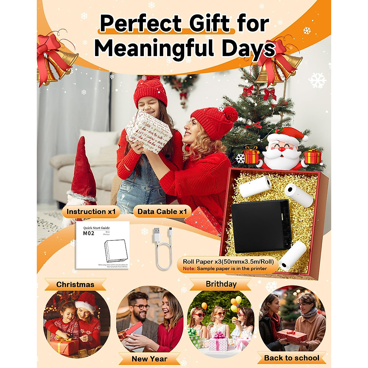 Memoking Sticker Printer, M02 Mini Printer Portable Bluetooth Mini Printer Sticker Maker with 3 Rolls Paper, Print Pods Mini Printer Pocket Printer with Multiple Templates for Phone & Tablet, Black