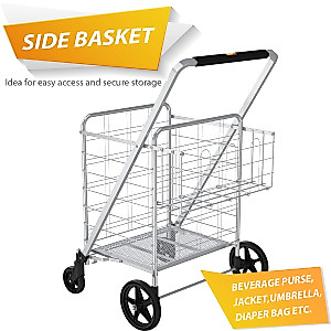 Supenice Jumbo Shopping Cart with Double Basket Grocery Cart Deluxe Folding Shopping Cart 360°Rolling Swivel Bearing Wheels Super Loading Utility Cart for Laundry, Grocery, Luggage