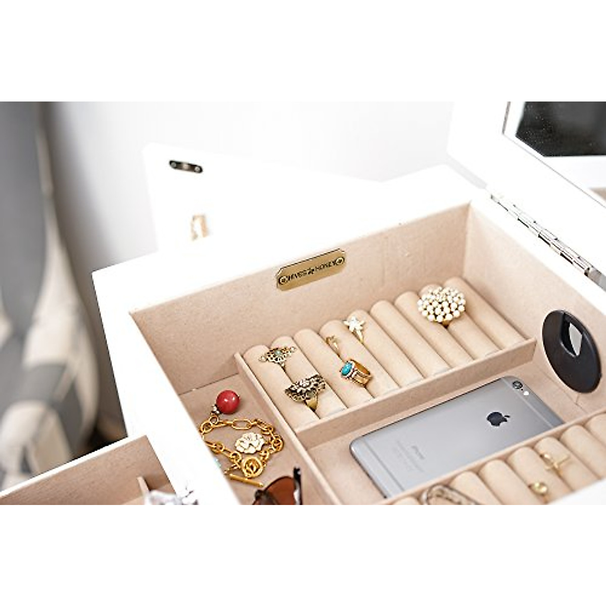 Alveare Home Helena Standing Jewelry Armoire – Elegant Storage with 6 Drawers, Jewel Knobs, Mirror, Ring Rolls, Necklace Hooks & Cord Management – White Finish