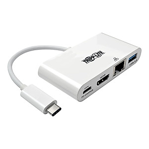 Tripp Lite USB C to HDMI Multiport Video Adapter Converter 4K w/ USB-A Hub, USB-C PD Charging Port & Gigabit Ethernet Port, Thunderbolt 3 Compatible, USB Type C, USB Type-C (U444-06N-H4GU-C),White