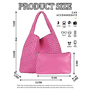 Woven Tote Handbags + Purse For Women Vegan Leather Shoulder Top-Handle Travel Shopper Bag Ladies Large Capacity Underarm Bag Rose Pink