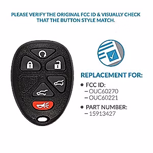 Keyless2Go Replacement for Keyless Entry Car Key Vehicles That Use 6 Button 15913427 OUC60270 Remote, Self-Programming - 2 Pack