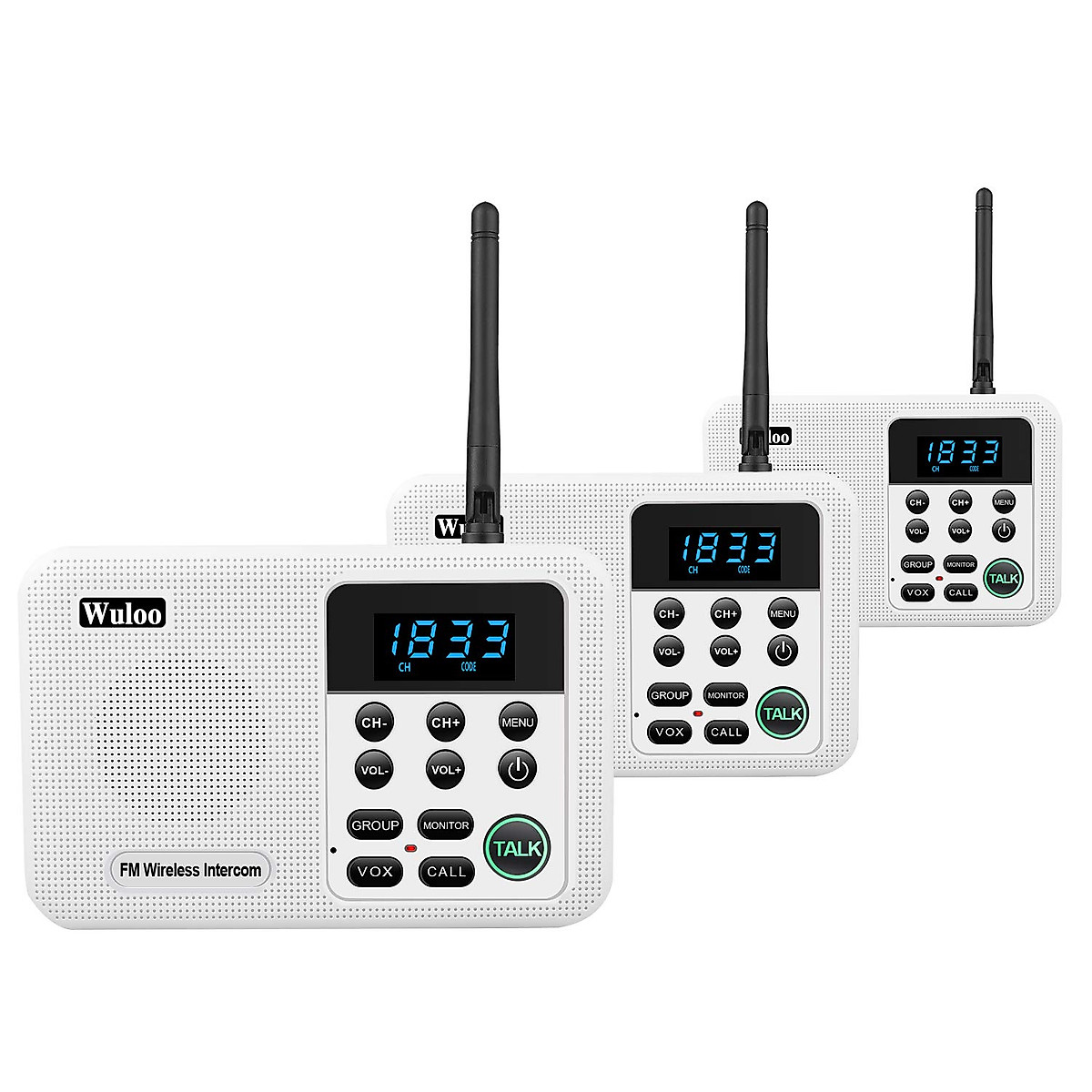 Wuloo Intercoms Wireless for Home 1 Mile Range 22 Channel 100 Digital Code Display Screen, Wireless Intercom System for Home House Business Office, Room to Room Intercom Communication(3Stations White)