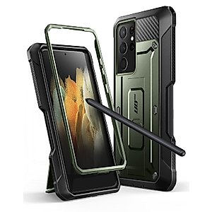 SUPCASE Unicorn Beetle Pro S Pen Slot Holder Dual Layer Rugged Holster Case for Samsung S21 Ultra, Metallic Green