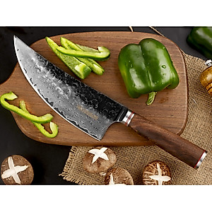 YOUSUNLONG Cleaver Knife 8 Inch（205mm） Butcher Knife Japanese Hammered Damascus Steel Natural Walnut Wooden Handle with Leather Sheath