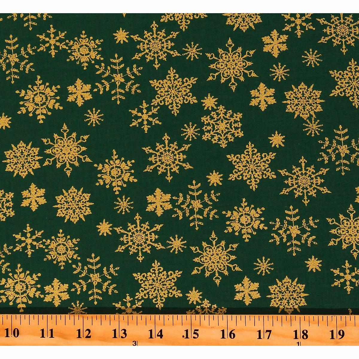 Cotton Holly Jolly Christmas Winter Metallic Gold Snowflakes on Green Cotton Fabric Print by The Yard (D402.61)