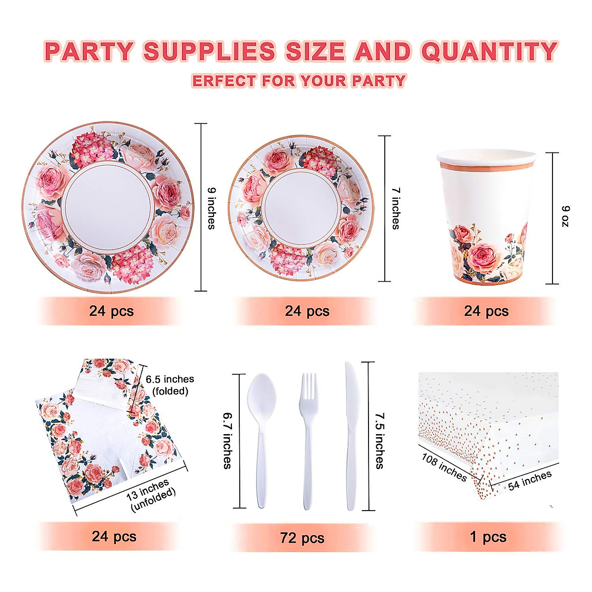 hapray Floral Party Supplies, (Serves 24) Rose Flower Disposable Paper Plates Cups Napkin, Knives Spoons Forks, Tableware Sets for Baby Shower Birthday Bridal Shower Tea Valentines Day Decorations