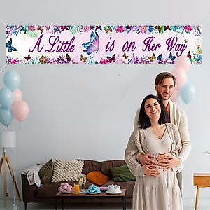 Labakita A Little Butterfly is on Her Way Banner, Purple Butterfly Baby Shower Decorations for Girl, Girl Baby Shower Banner for Courtyard / Garden / Yard, Gender Reveal Decorations