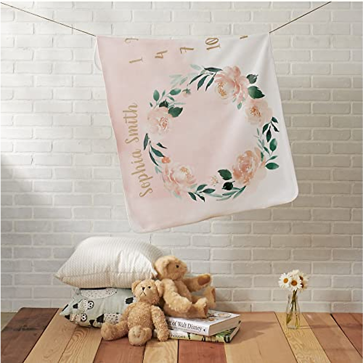 Pink Wreath Custom Name Monthly Milestone Blankets for Baby Girls, Personalized Flower Blanket for Baby, Personalized Gifts for Newborn Shower Flower Theme