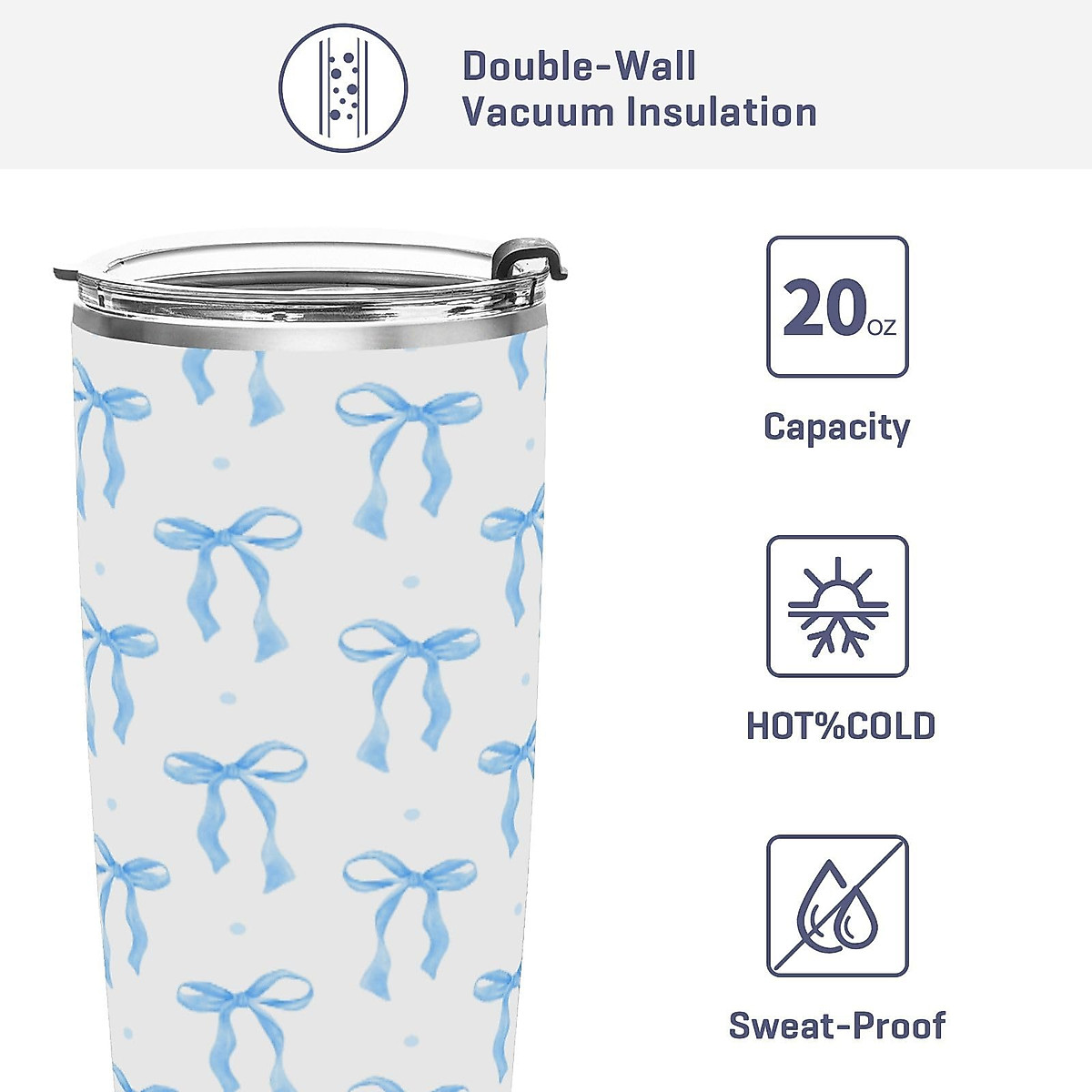Blueangle 20oz Tumbler with Lid and Straw, Stainless Steel Vacuum Insulated Water Coffee Tumbler Cup, Blue Ribbon Bow Travel Mug Thermal Cup for Hot and Cold Drinks（974）