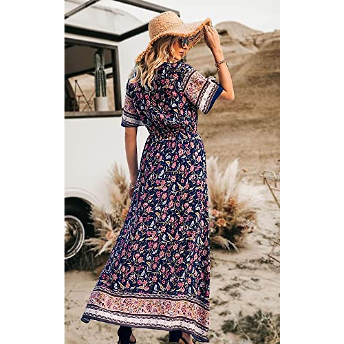 PRETTYGARDEN Women's Casual Summer Boho Floral Print Dress V Neck Short Sleeve High Waist Long Maxi Beach Dresses (Navy,Medium)