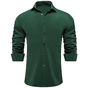 Hi-Tie Hunter Green Long Sleeve Dress Shirts for Men Stretch Solid Woven Button Down Athletic Fit No Iron Shirt 15.5 Neck