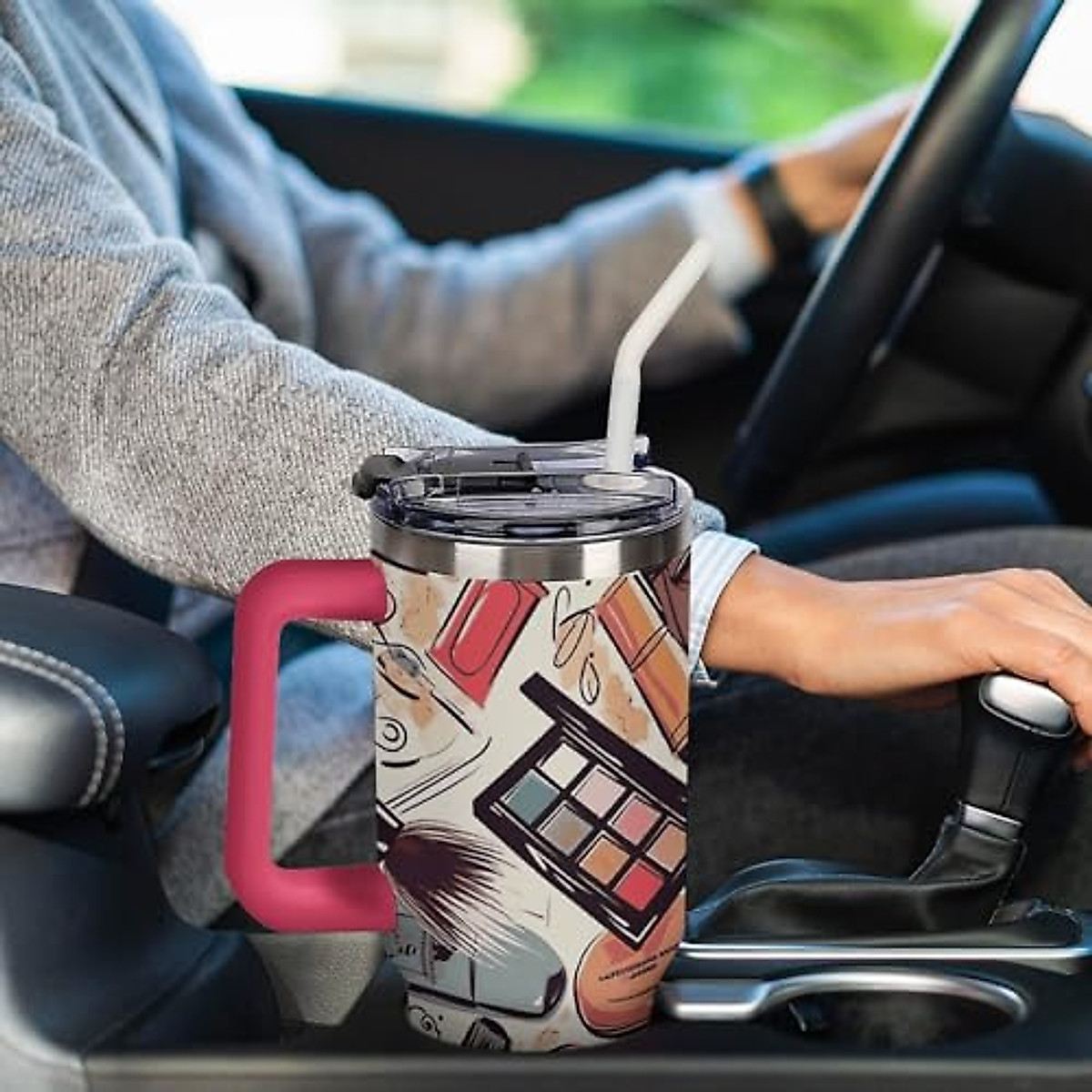 40 Oz Vacuum Tumbler with Light Rose Red Handle Leakproof Insulated Tumbler Cosmetic And Makeup Theme Pattern Stainless Steel Travel Mug with Lid And Straw Coffee Cup Cute Water Bottles Cup Holder Fri
