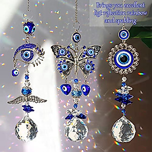 Veramz Sun Catchers, 3PCS Evil Eye Suncatcher for Window Hanging Crystal Ball Prisms Rainbow Maker Blue Eyes Pendant for Garden Car Home Indoor Outdoor Decor Charm Valentine's Day Gift