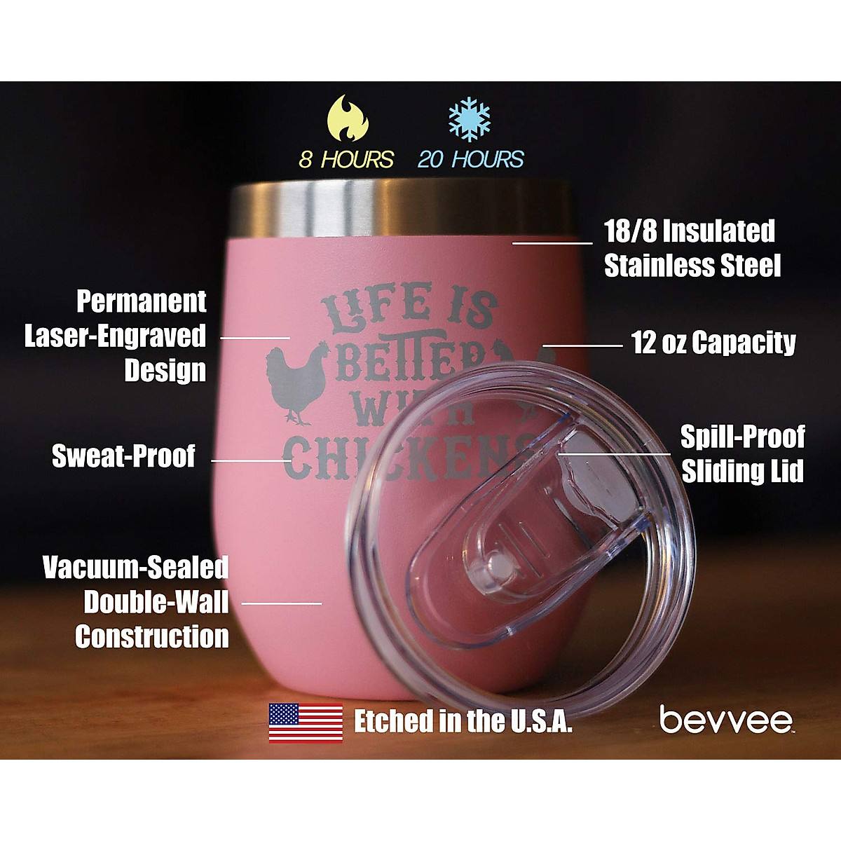 Life is Better with Chickens - Chicken Wine Tumbler with Sliding Lid - Stemless Stainless Steel Insulated Cup - Funny Outdoor Camping Mug - Pink