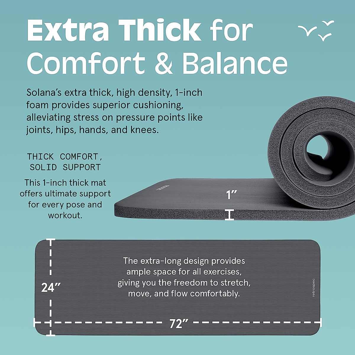 Retrospec Solana Yoga Mat 1" Thick w/Nylon Strap for Men & Women - Non Slip Exercise Mat for Home Yoga, Pilates, Stretching, Floor & Fitness Workouts - Graphite