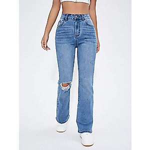 Floerns Women's High Waisted Ripped Jeans Flare Leg Bell Bottom Denim Pants Light Blue M
