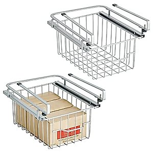 mDesign Metal Wire Extra Small Hanging Basket Pullout Drawer w/Handle; Sliding Under Shelf Storage Organizer Rack for Kitchen, Cabinet, Pantry; Attaches to Shelves, Easy Install - 2 Pack - Silver