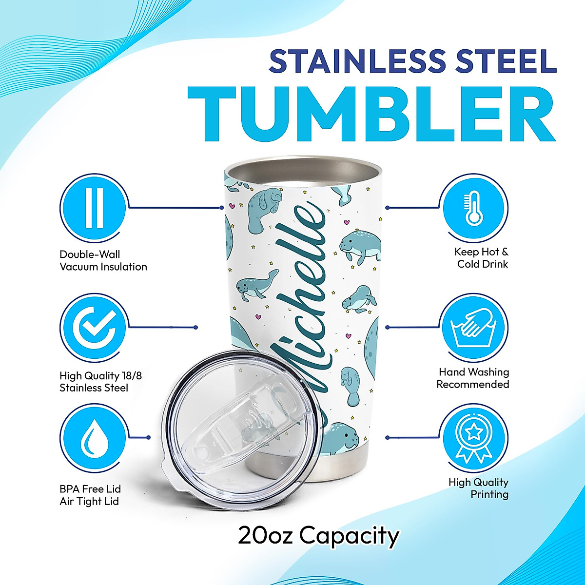 Hyturtle Personalized Gifts Manatee Lover - Manatees Printed Customized Name Stainless Steel Tumbler 20 oz With Lid - Idea Cute Sea Animal Lover Gifts For Women, Girl, Kids On Birthday, Christmas