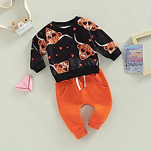 Newborn Baby Valentine's Outfits Set Infant Boy Girl Crewneck Sweatshirt Elastic Waist Pants Heart Print Fall Spring Clothes (Orange,18-24 Months)