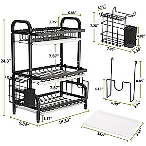 1Easylife Dish Drying Rack, 3 Tier Dish Rack with Tray Utensil Holder, Large Capacity Dish Drainer with Cutting Board Holder Drain Board Tray for Kitchen Counter Organizer Storage (Black)