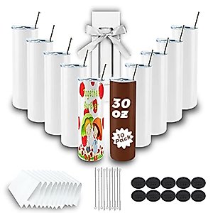 Sublimation Tumblers bulk 30 oz Skinny, 10 Pack Stainless Steel Double Wall Insulated Straight Sublimation Tumbler Cups Blank White with Lid, Straw, Individually Box,Polymer Coating for Heat Transfer