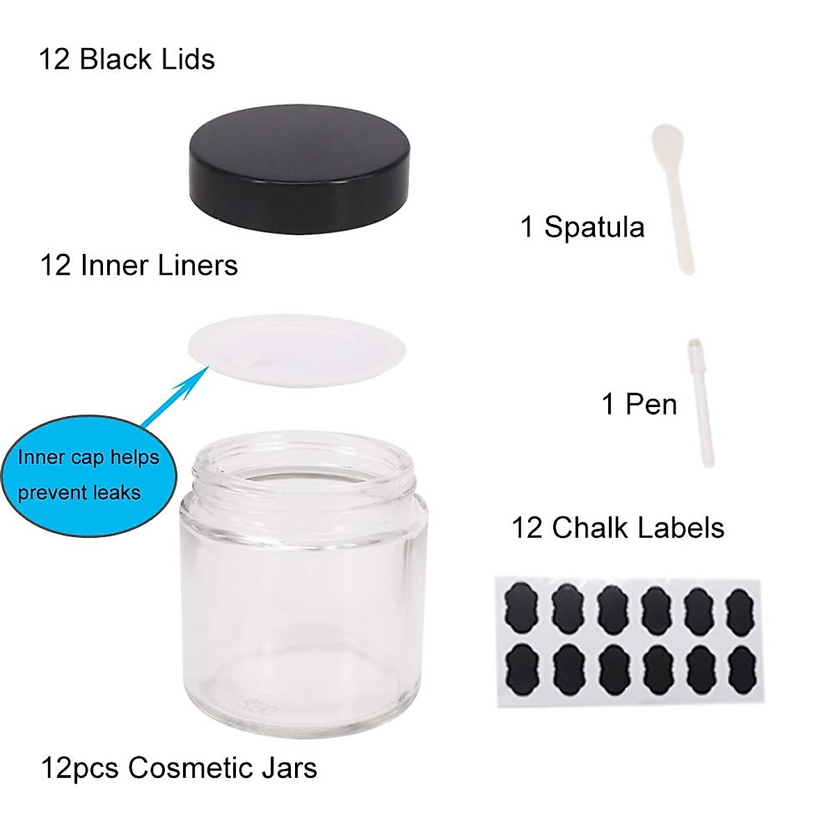 BPFY 12 Pack 4 oz Clear Glass Travel Cosmetic Jars, Refillable Cosmetic Containers with Inner Liners, Lids, Spatula, Chalk Labels, Pen, Beauty Jars for Sugar Scrubs, Cream, Bath Salts, Slime
