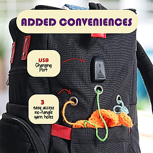 Hearth & Harbor Crochet Backpack, Crochet Bag Organizer, Canvas Knitting Bag, Yarn Organizer for Crochet Accessories and Supplies, Travel Yarn Bag with USB Charging Port, Yarn Storage Organizer