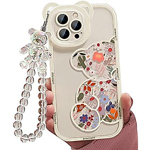 Shinymore Compatible with iPhone 14 Pro Max Case, Cute Flowers Bear Camera Protector Clear Case Cover with Lovely Strap Bracelet Chain Girls Women Case for iPhone 14 Pro Max