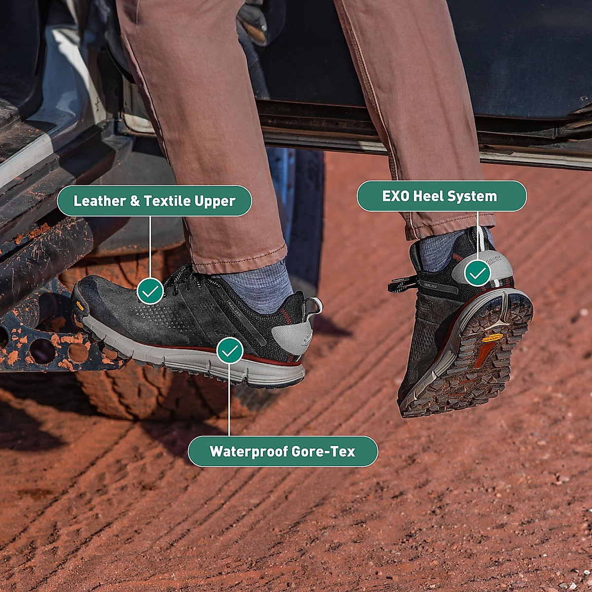 Danner Trail 2650 3” Waterproof Hiking Shoes for Men - Durable Leather & Textile Upper with Breathable Gore-Tex Lining and Vibram Traction Outsole, Dark Gray/Brick Red - 8 D