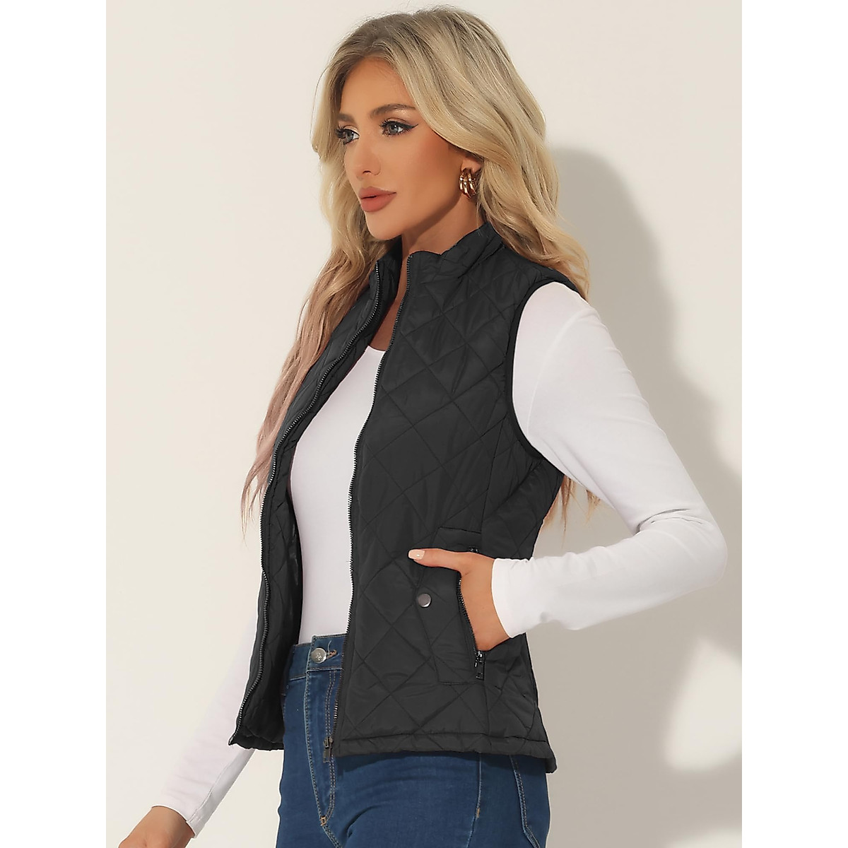Allegra K Women's Puffer Vest Stand Collar Lightweight Gilet Quilted Zip Vest Medium Black