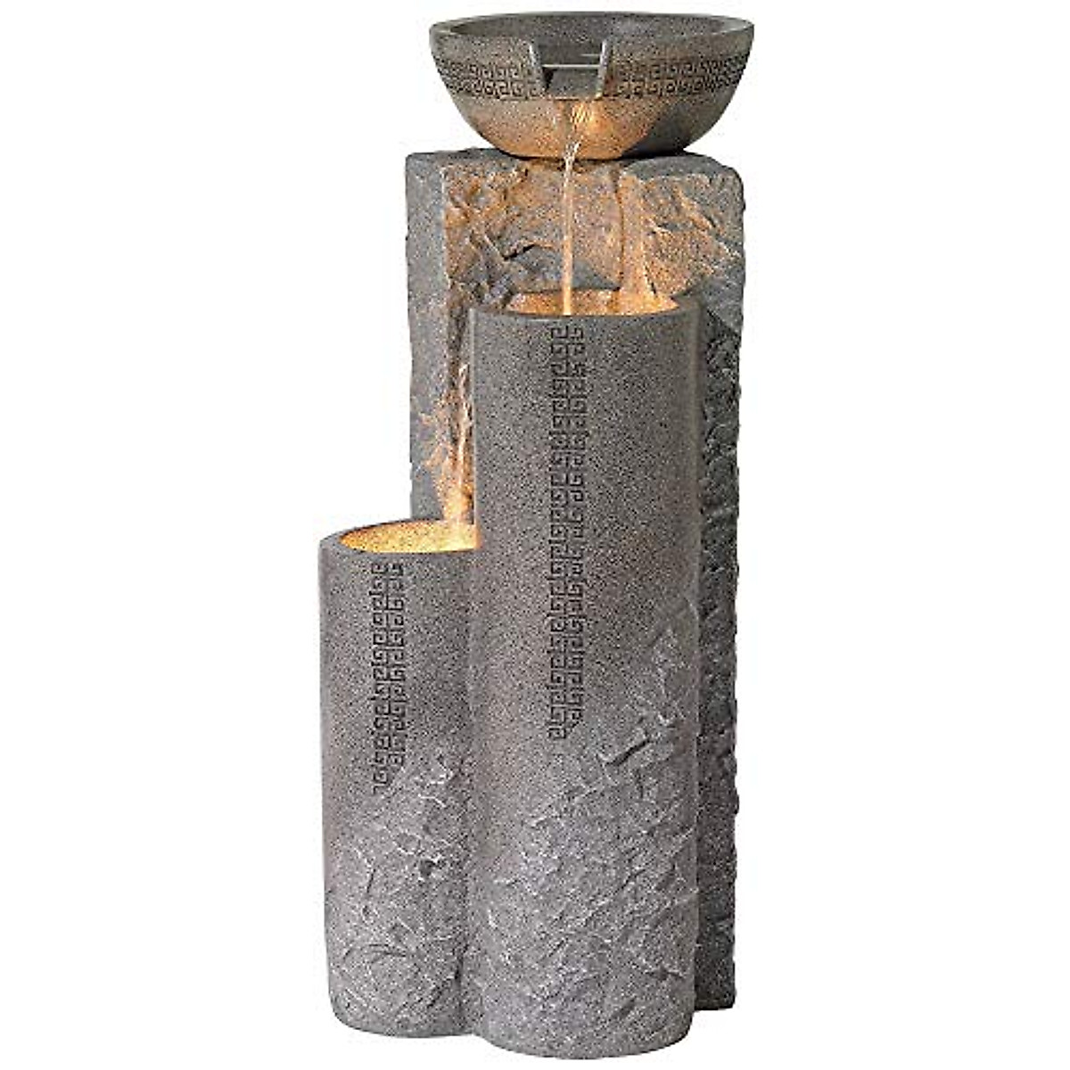 Bowl and Pillar Zen Modern Outdoor Floor Water Fountain 34 1/2" High with LED Light Cascading for Garden Patio Backyard Deck Home Lawn Porch House Relaxation Exterior Balcony - John Timberland