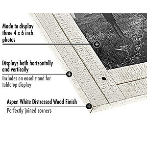 Americanflat 4x6 Triple Picture Frame in Aspen White - Distressed Wood Decorative Family Picture Frame with Polished Glass, Includes Hanging Hardware for Wall, and Easel for Tabletop Display