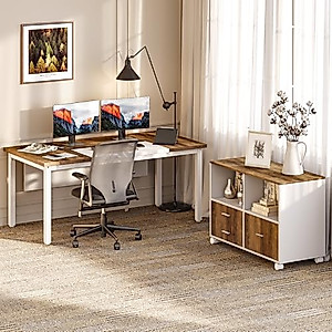 LITTLE TREE 63-inch L-Shaped Executive Computer Desk and File Cabinet, Office Desk with Drawers Filing Cabinet,Credenza Desk Set for Home Office