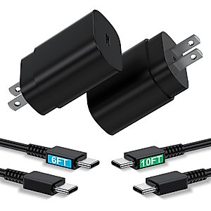 Type C Charger, 25W PD USB C Wall Charger Super Fast Charging Block 2Pack& 6+9.5ft USBC Android Phone Charger Cable Cord for Samsung Galaxy S24 Ultra/S24+/S24/S23 S22 S21 S20 Ultra Plus FE/Note 20 10